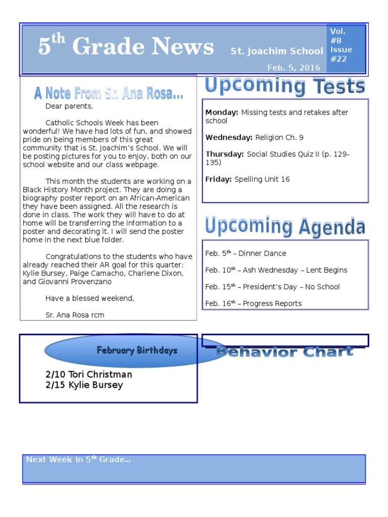 5th Grade News - St. Joachim School | PDF