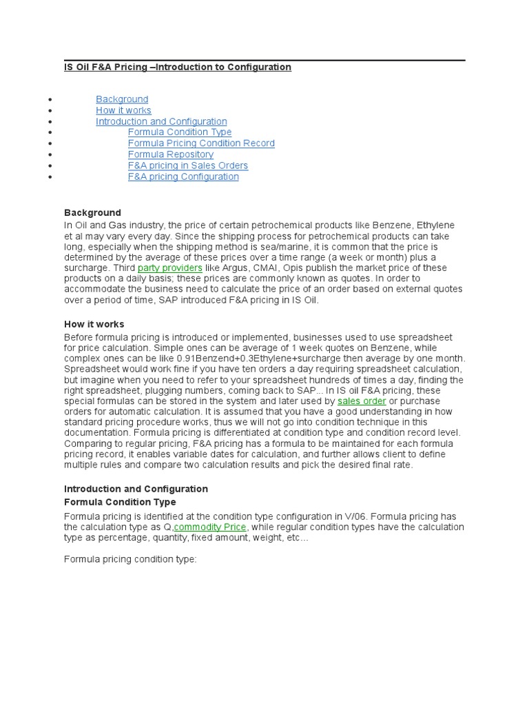 F&A Pricing Configuration in SAP Oil & Gas | PDF | Spreadsheet | Formula