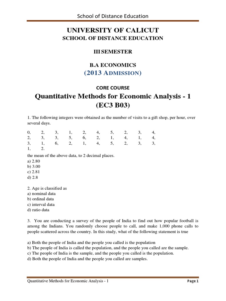 III Sem. BA Economics - Core Course - Quantitative Methods For Economic ...