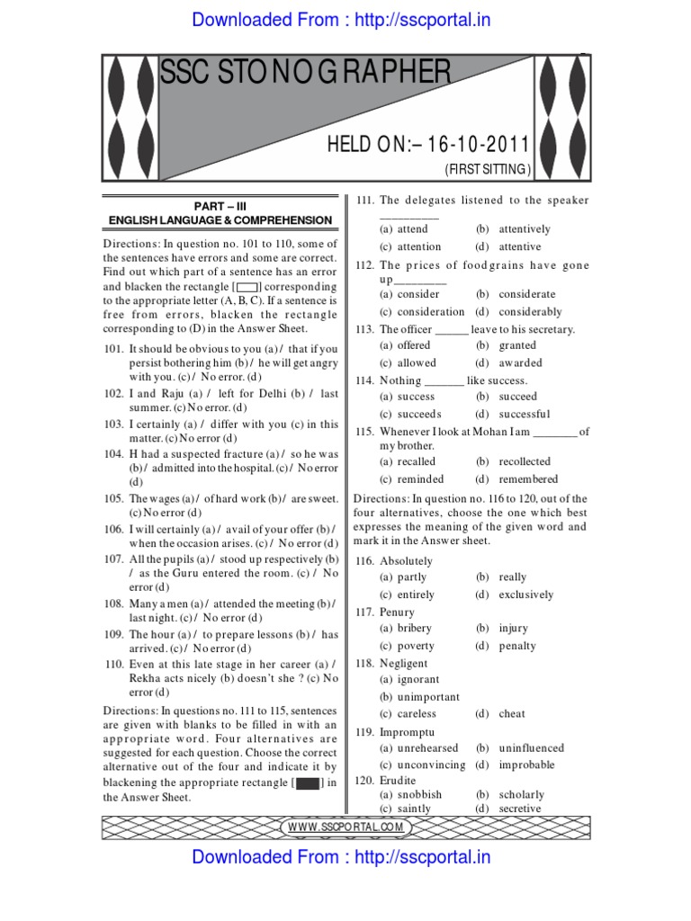 SSC Stenographer Grade C D Exam Paper Held on-16!10!2011-English ...