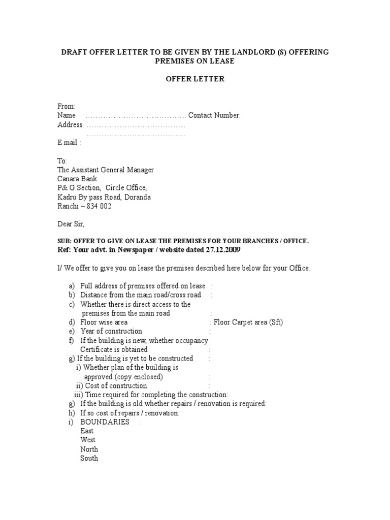 Draft Offer Letter To Be Given by The Landlord (S) Offering Premises On ...