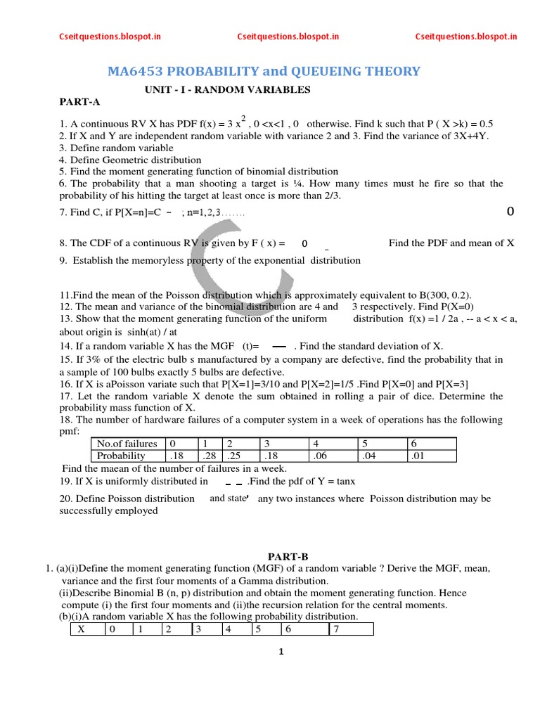 Question Bank For Probabilty Queueing Theory Regulation 2013 | PDF | Probability Density ...
