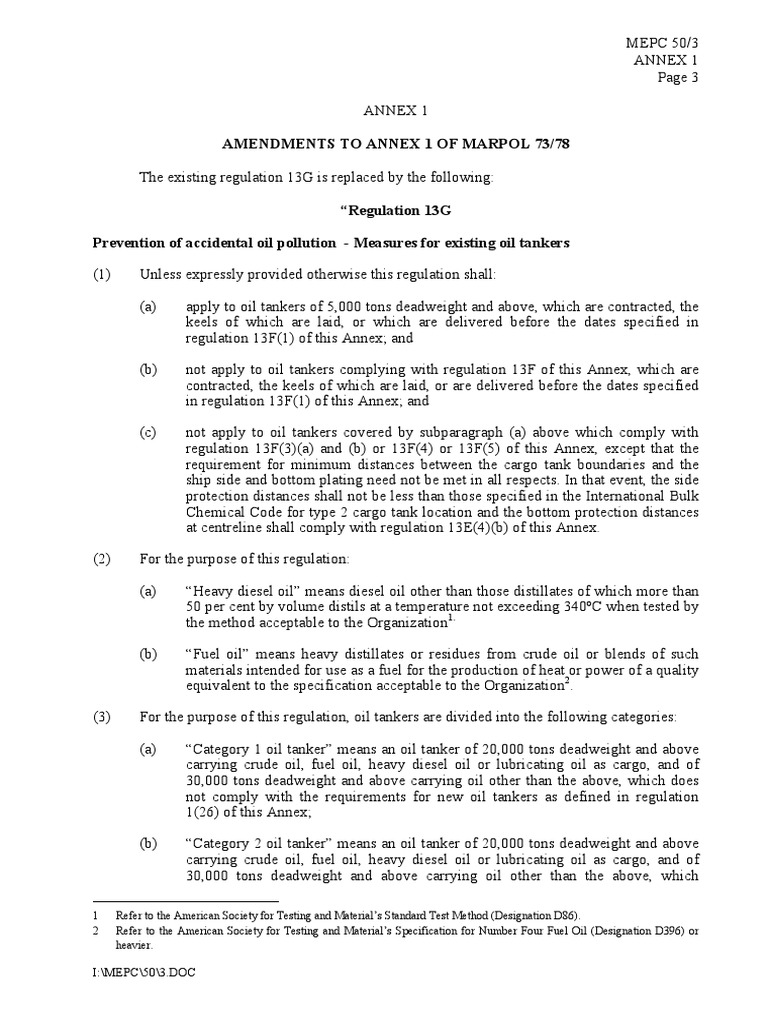 Amendments To Annex 1 of Marpol 73/78: I:/MEPC/50/3 | PDF | Fuel Oil | Oil Tanker