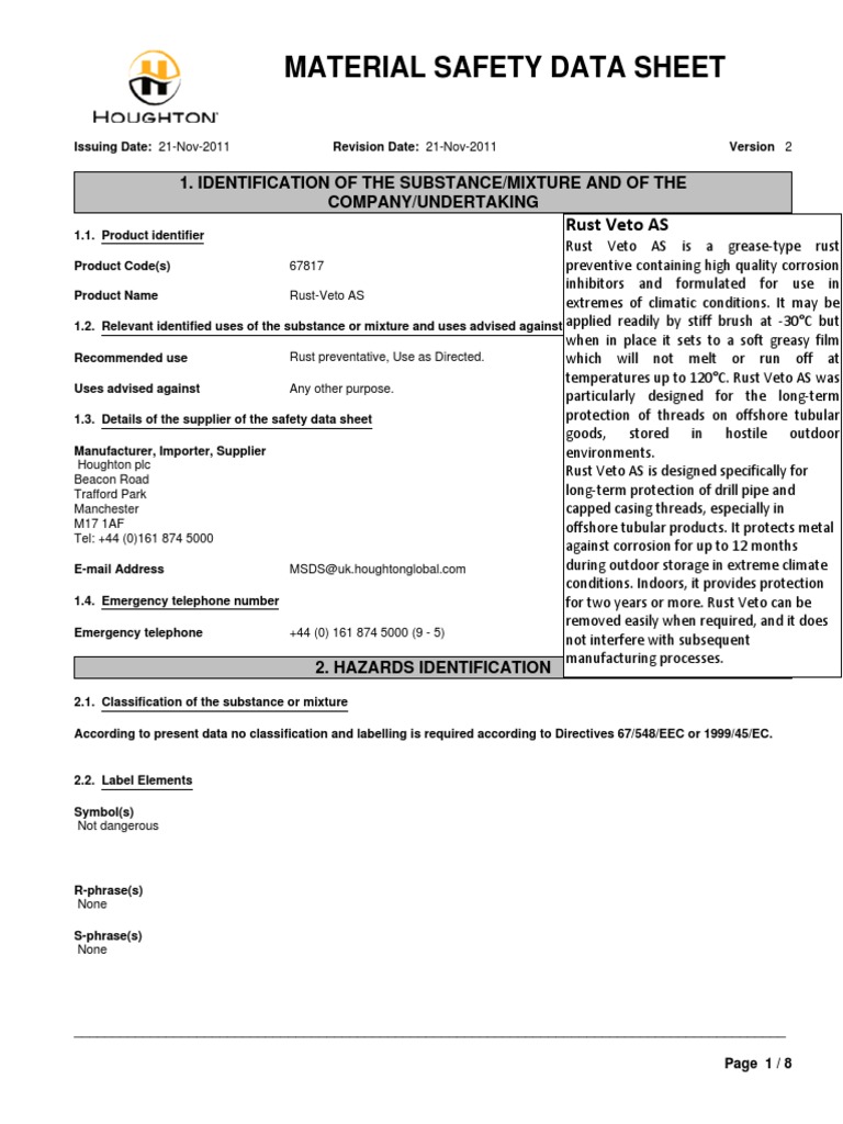 Rust Veto As | Occupational Safety And Health | Chemistry