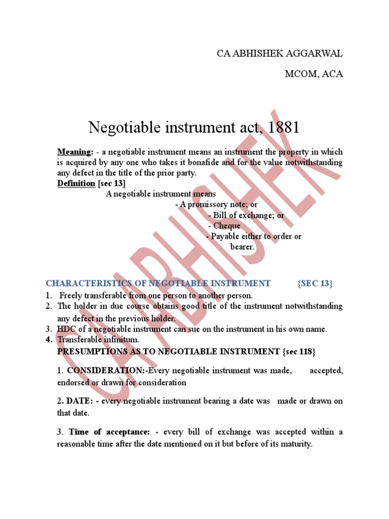 Negotiable Instrument Act | PDF | Negotiable Instrument | Assignment (Law)