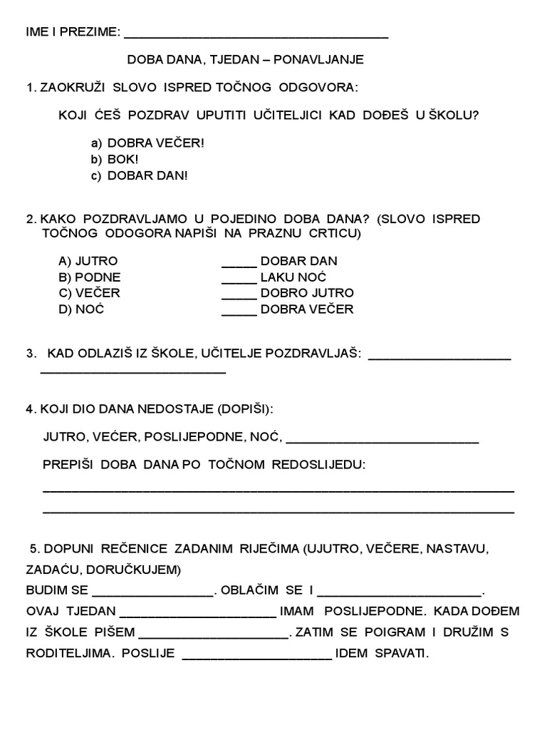 LISTIĆ Doba Dana, Dani U Tjednu | PDF