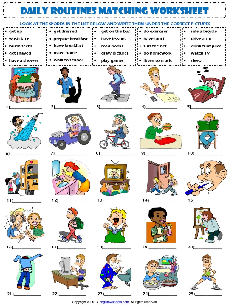Daily Routines Vocabulary Matching Exercise Worksheet PDF | PDF
