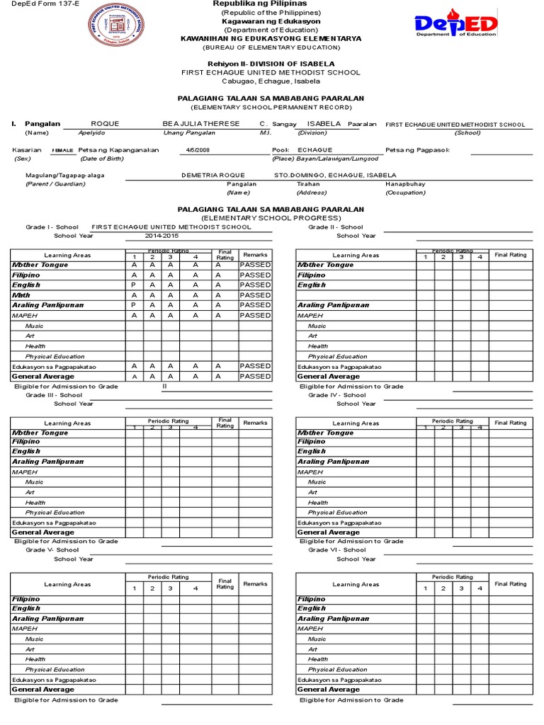 Downloadable Deped Form 137 E