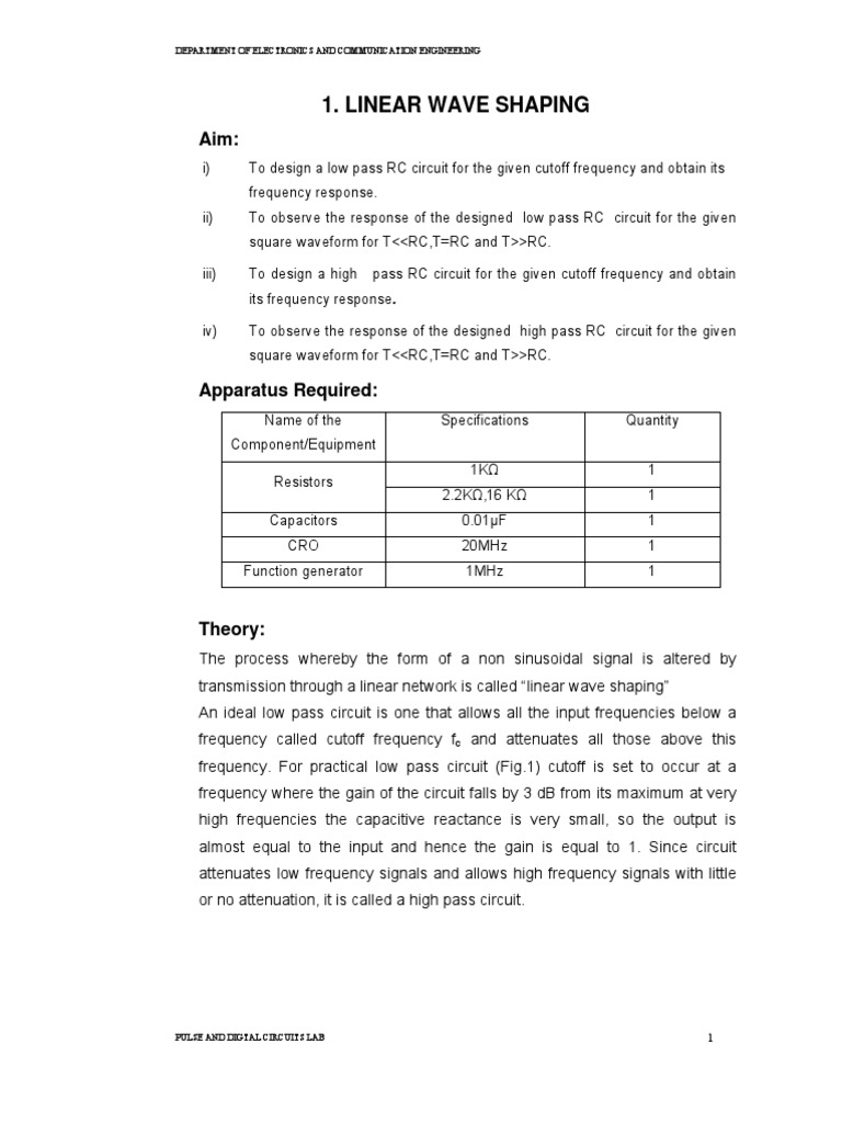 Pulse and Digital Circuits Lab Manual | PDF | Low Pass Filter | Digital ...