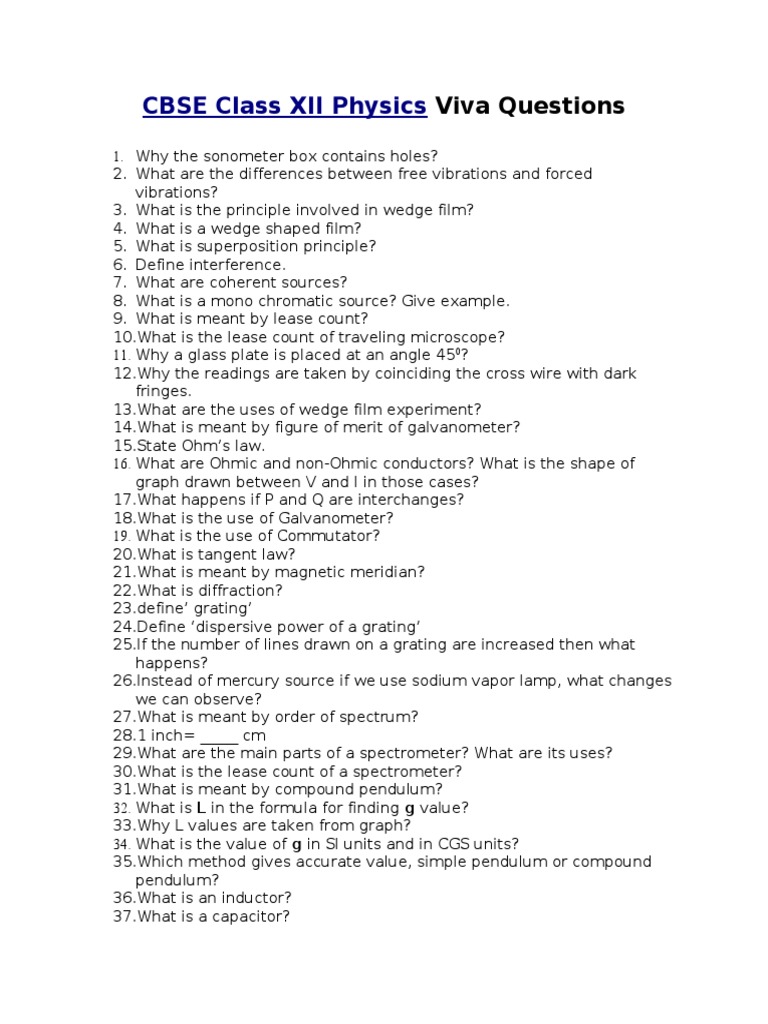 CBSE Class XII Physics and Chemistry Viva Questions Class XII Science ...