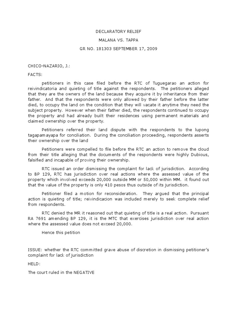 Malana vs. Tappa: Jurisdiction Ruling | PDF | Declaratory Judgment | Complaint