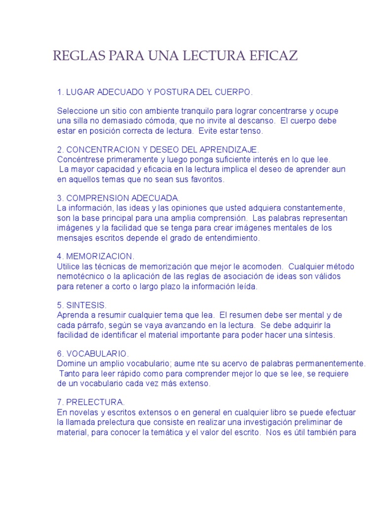 Reglas para Una Lectura Eficaz | PDF | Lectura (proceso) | Aprendizaje