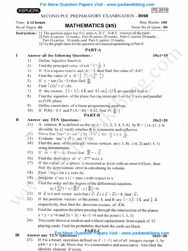2nd PUC Mathematics Jan 2016 | PDF | Plane (Geometry) | Equations
