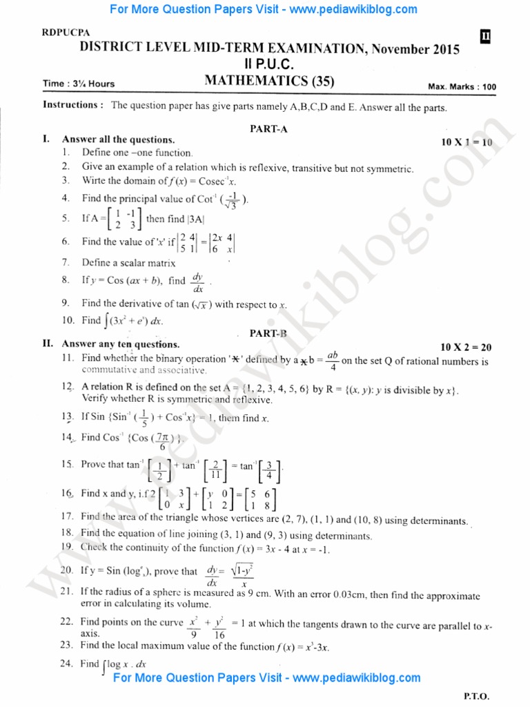 2nd PUC Mathematics Mid Term Nov 2015 pdf Linear Algebra 