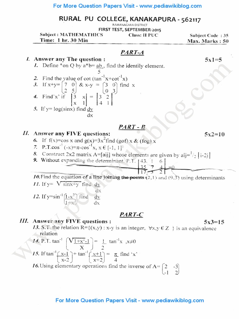 2nd PUC Mathematics Test Sep 2015 pdf Matrix Theory Algebra