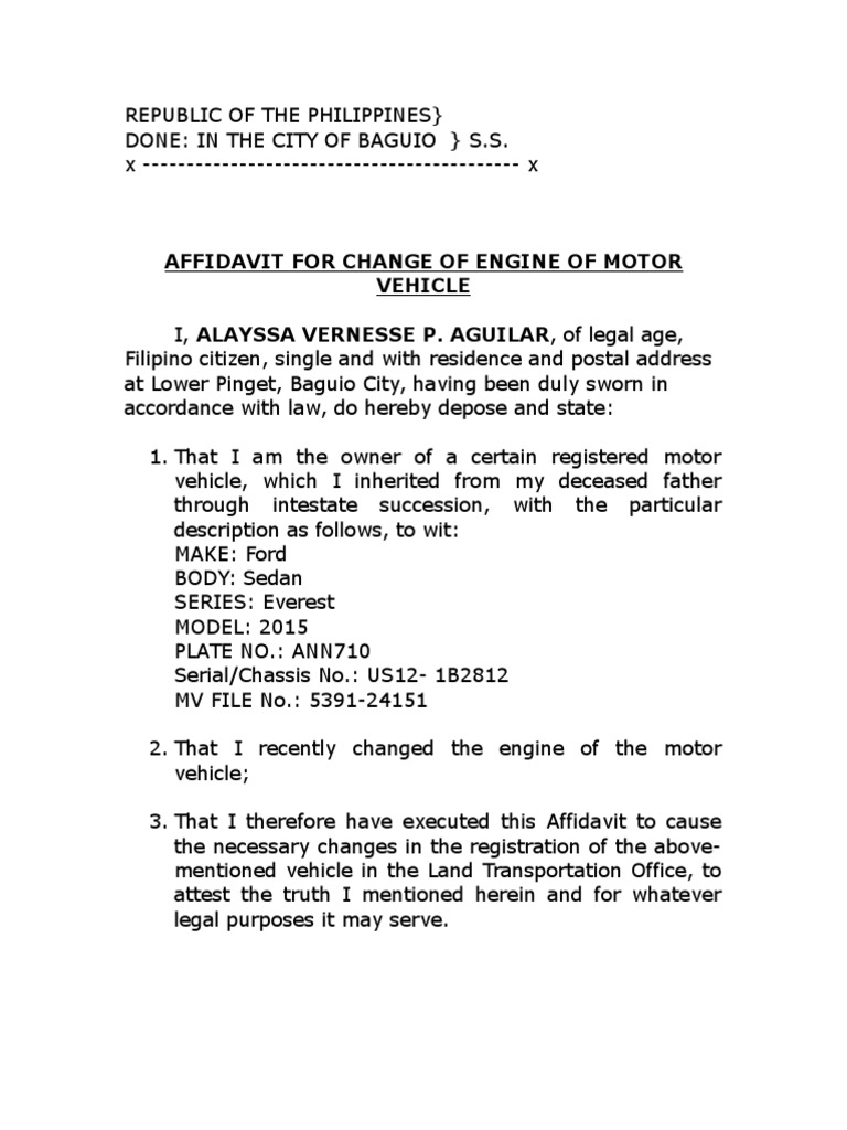 Affidavit of Change of Engine | PDF