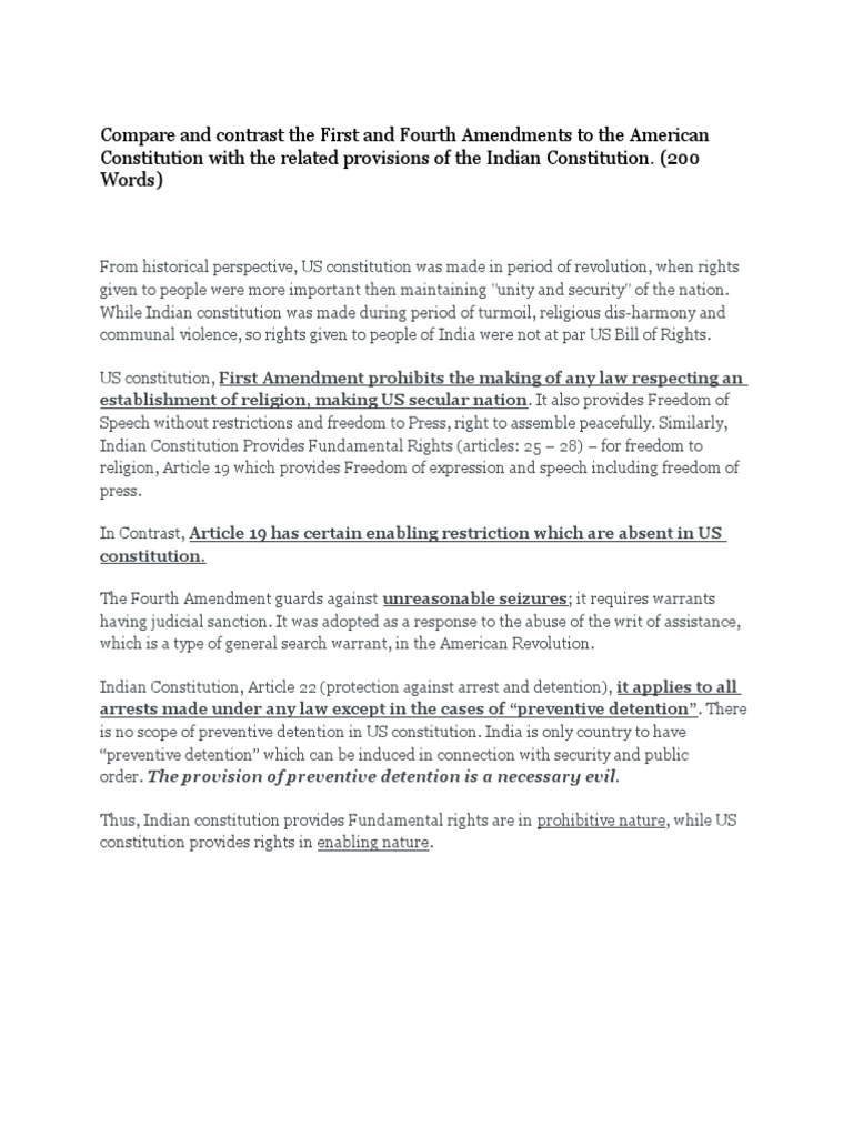 US vs Indian Constitution: Amendments Comparison | PDF