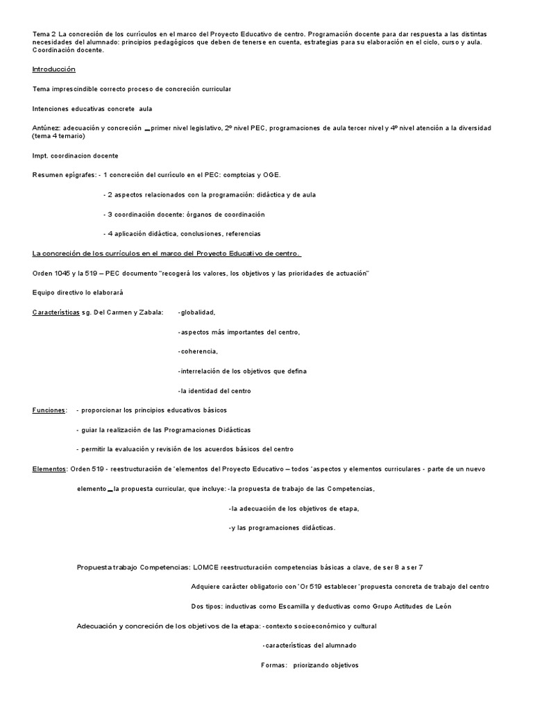Esquema Tema 2 Oposiciones Primaria | PDF | Plan de estudios | Compartir