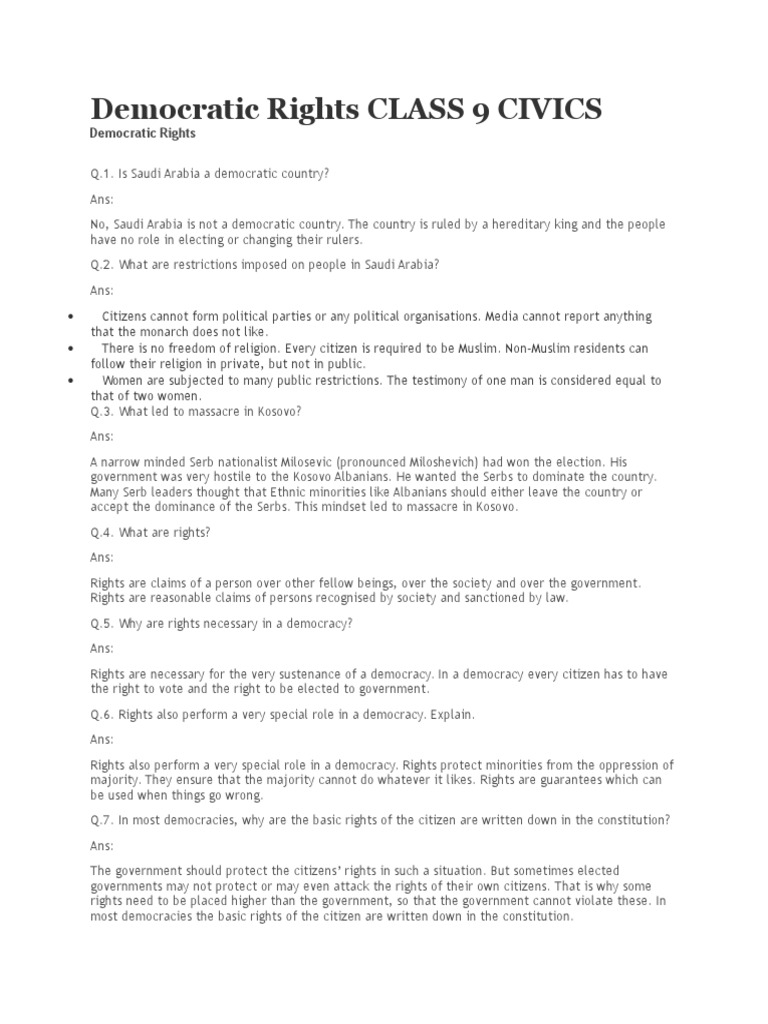 Democratic Rights CLASS 9 CIVICS | PDF | Citizenship | Democracy