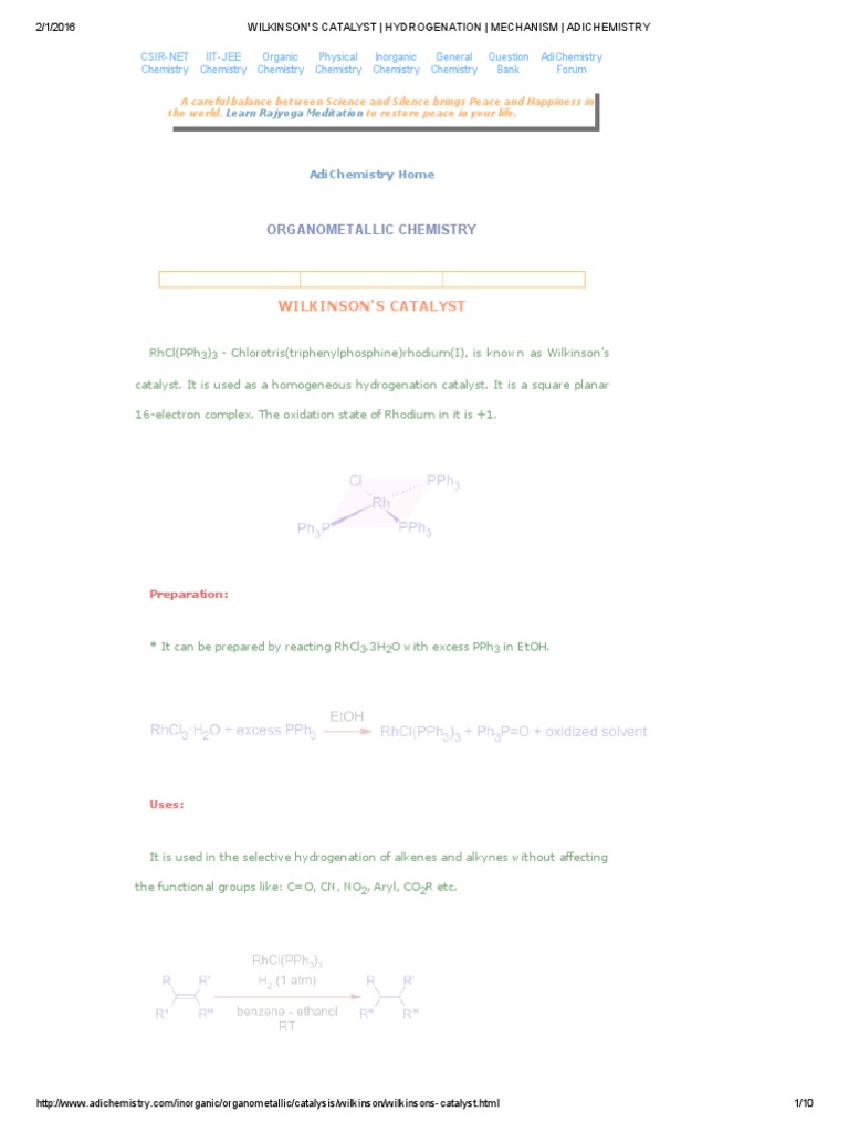 Wilkinson's Catalyst - Hydrogenation - Mechanism - Adichemistry | PDF ...