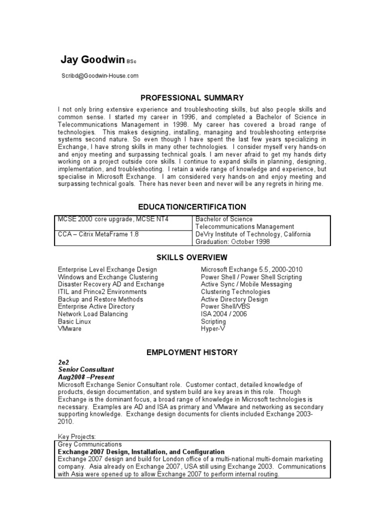Jay Goodwin: Professional Summary | PDF | Microsoft Exchange Server ...