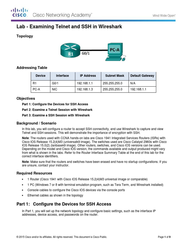 11.2.4.7 Lab - Examining Telnet and SSH in Wireshark | PDF | Secure Shell | Router (Computing)