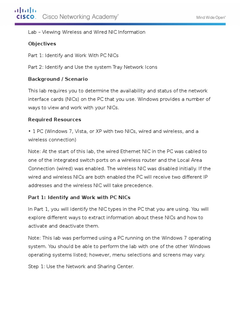 Lab 7 - Viewing Wireless and Wired NIC Information | PDF | Network ...
