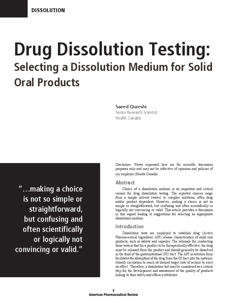 Drug Dissolution Testing:: Selecting A Dissolution Medium For Solid ...