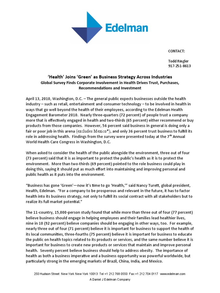 Edelman Health Engagement Barometer 2010 Press Release | PDF | Health ...