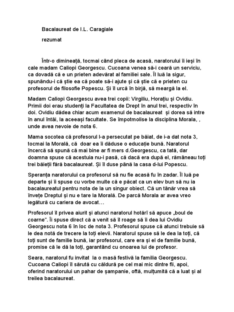 Bacalaureat de I.L.Caragiale Rezumat | PDF