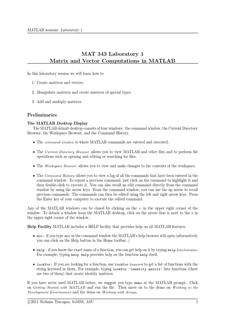 MAT 343 Laboratory 1 Matrix and Vector Computations in MATLAB | PDF | Matrix (Mathematics ...