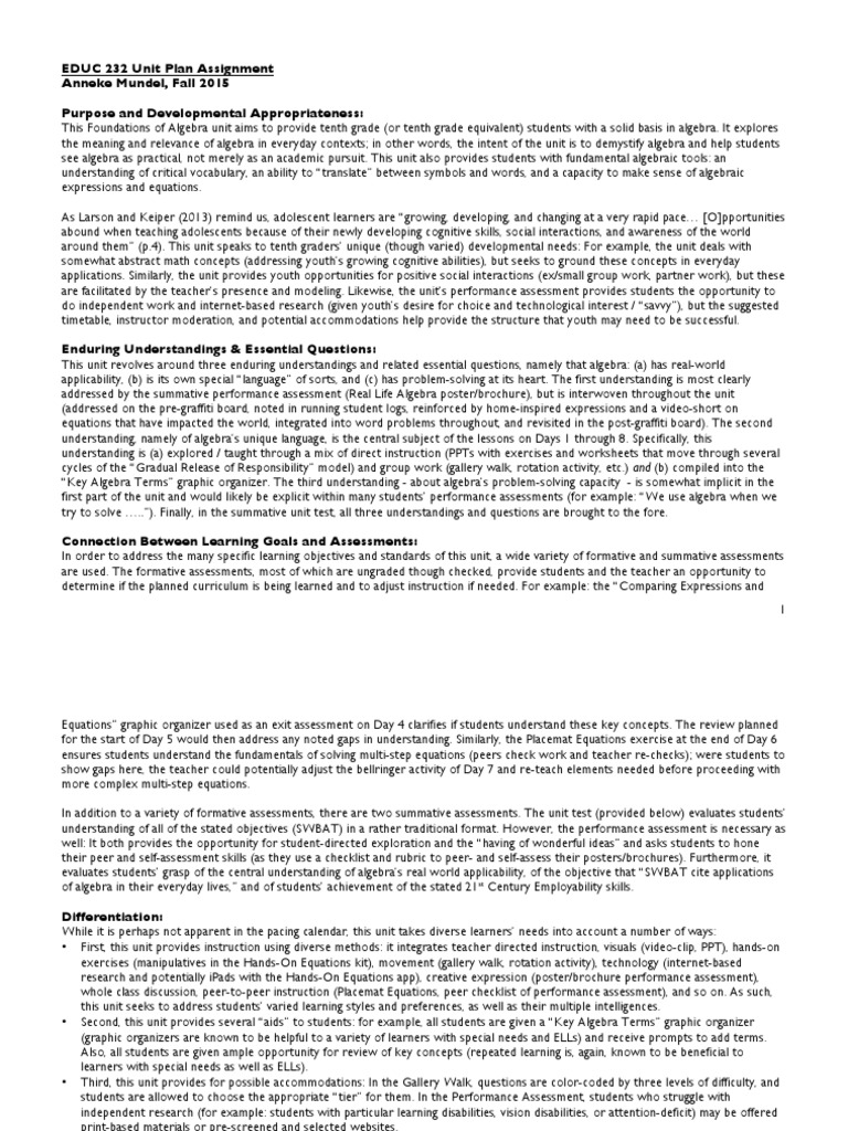 EDUC 232 Unit Plan Assignment Anneke Mundel, Fall 2015 Purpose and Developmental Appropriateness ...