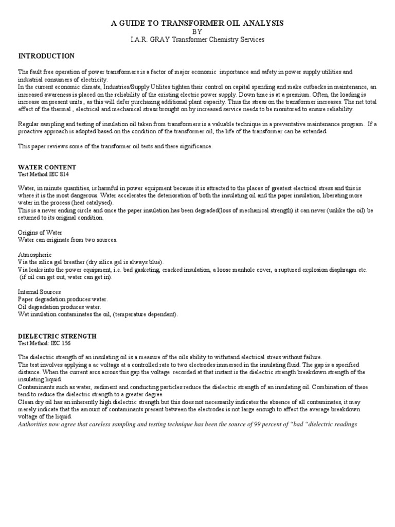 A Guide To Transformer Oil Analysis: BY I.A.R. GRAY Transformer ...