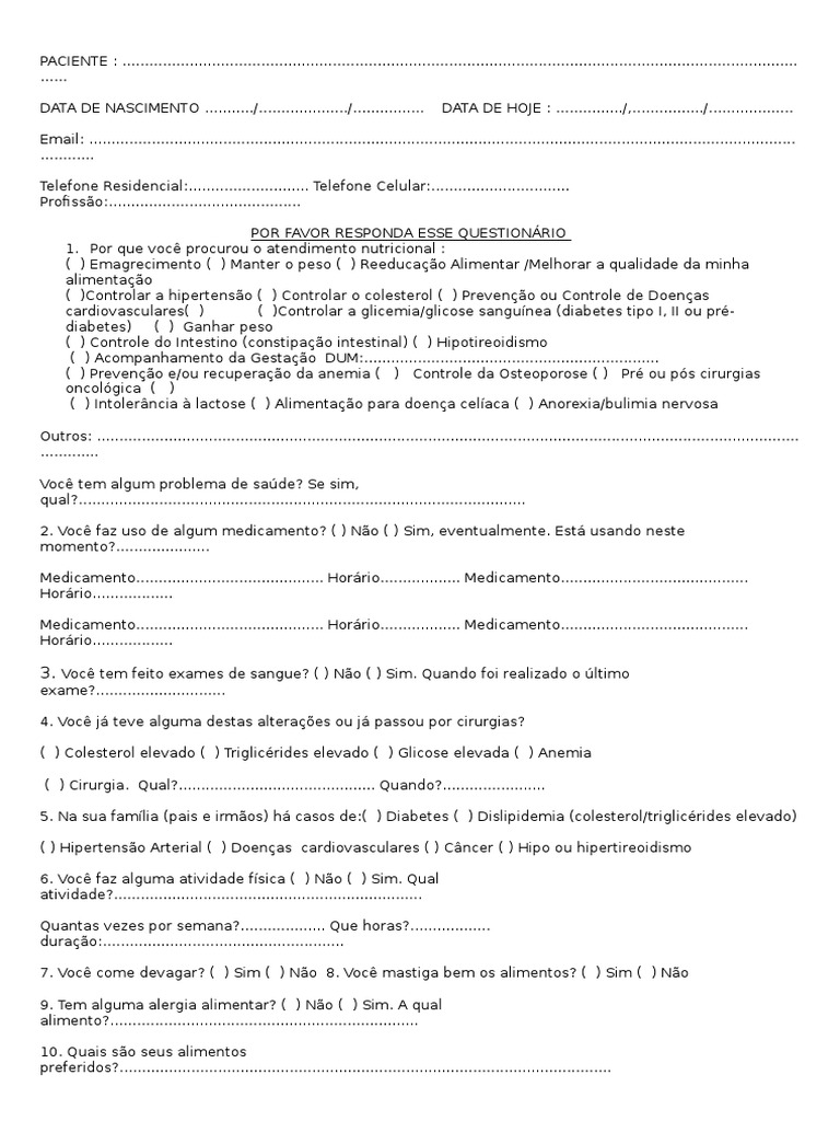 Ficha de Inquerito Nutricional | PDF | Diabetes mellitus | RTT