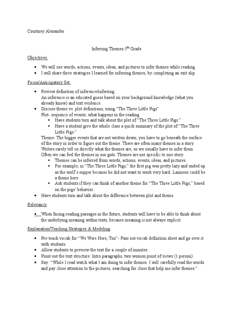 Inferring Themes Lesson Plan | PDF | Reading Comprehension | Communication