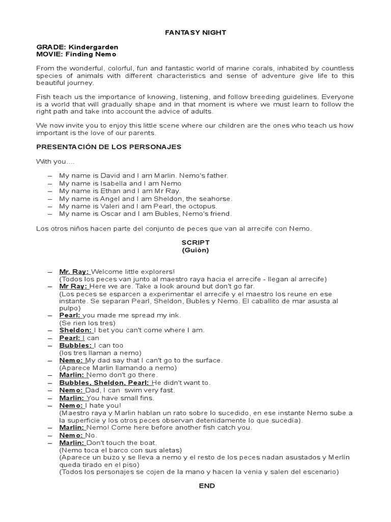 Fantasy Night GRADE: Kindergarden MOVIE: Finding Nemo | PDF | Leisure
