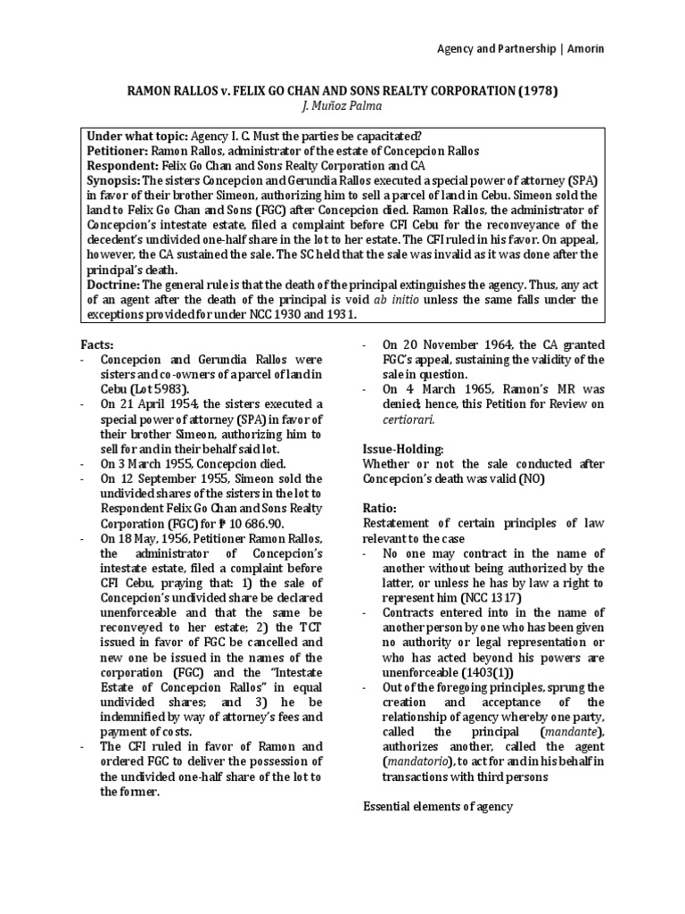 01 Rallos v. Felix Go Chan | PDF | Law Of Agency | Government
