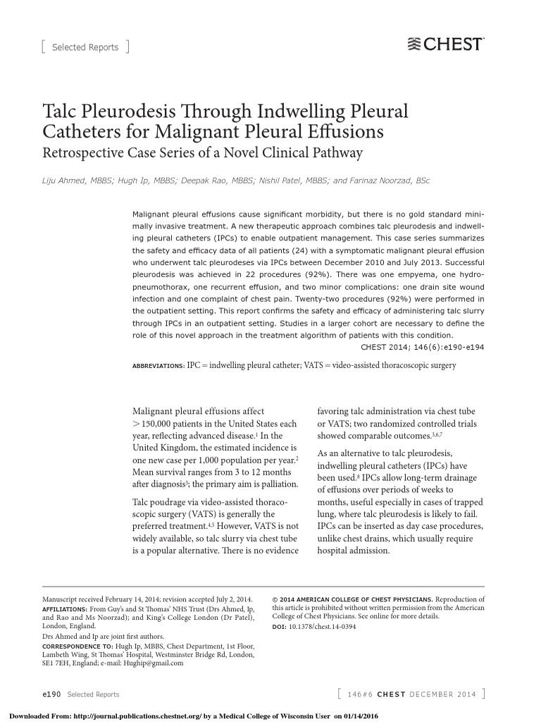 Talc Pleurodesis Through Indwelling Pleural Catheters For Malignant ...
