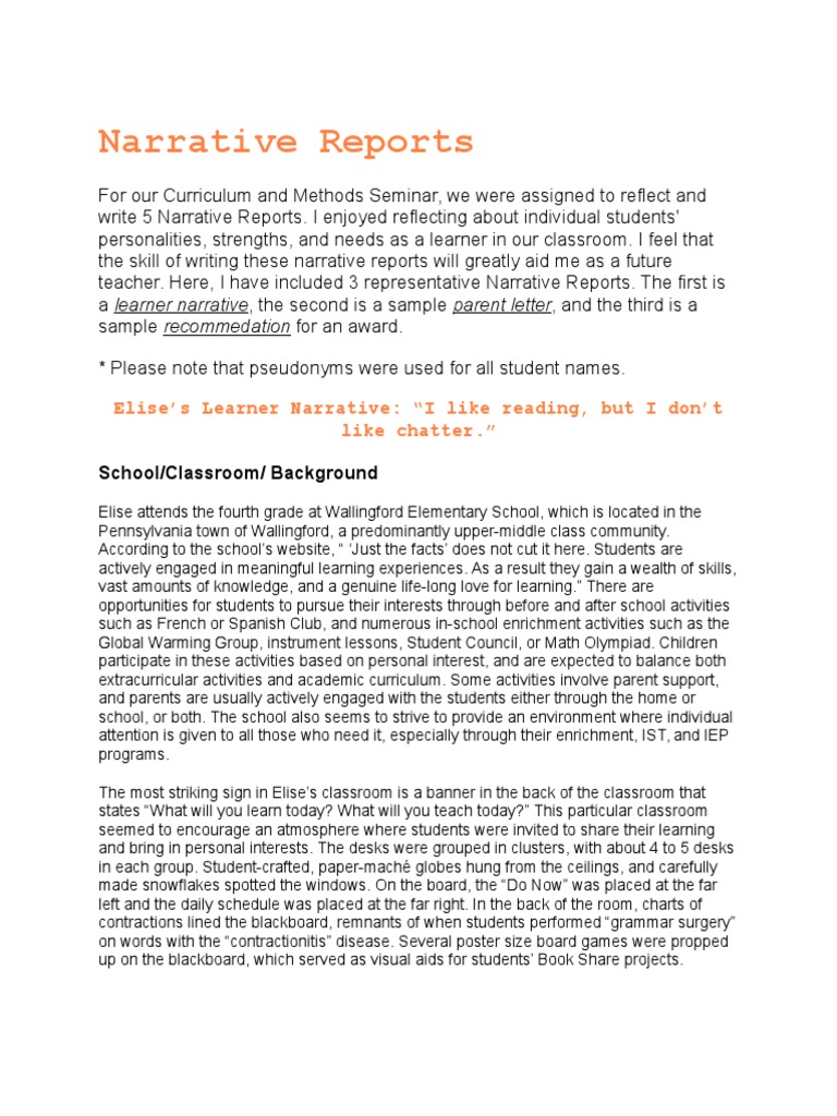 Narrative Reports: Elise’s Learner Narrative: “I like reading, but I ...