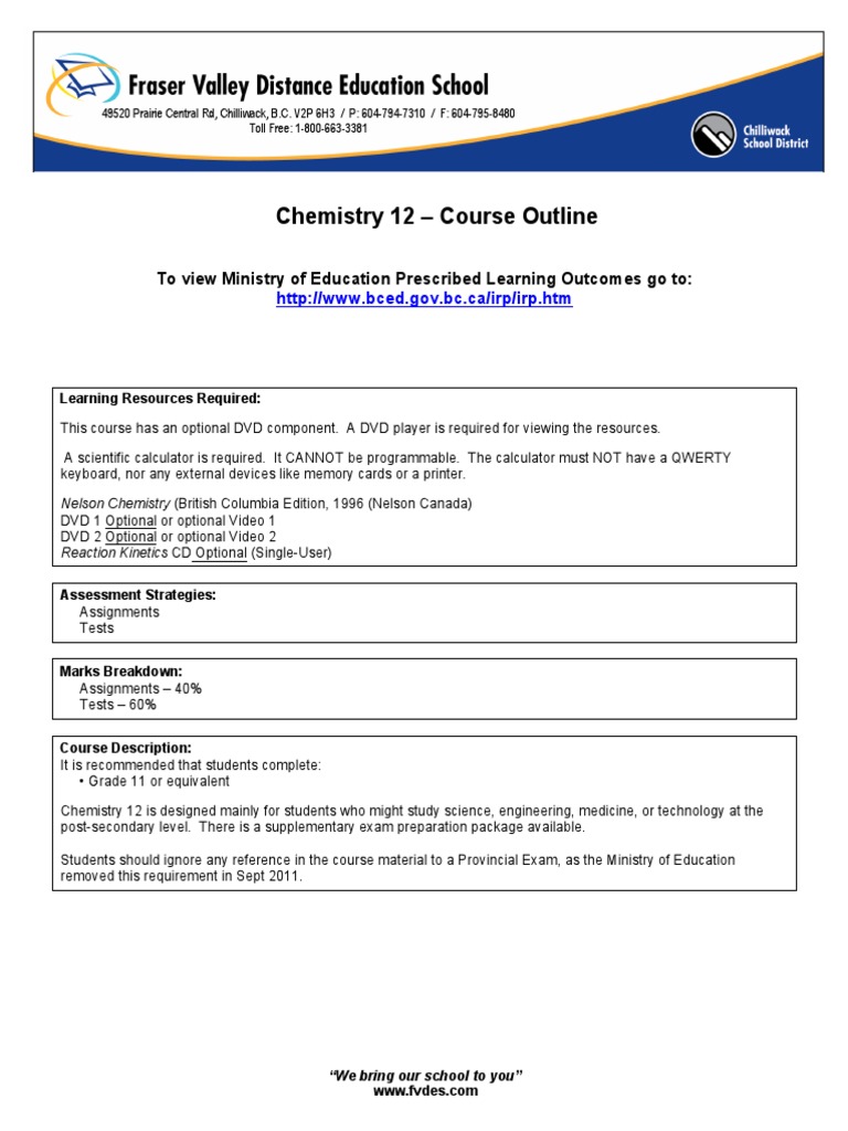 Chemistry 12 - Course Outline: To View Ministry of Education Prescribed ...