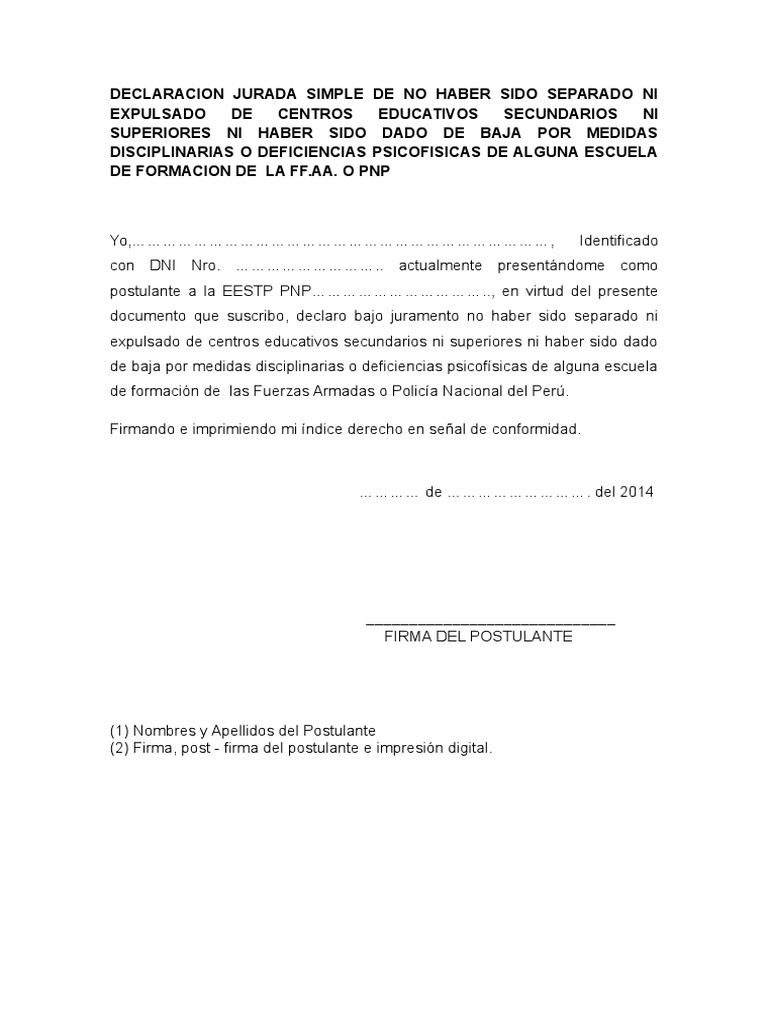 Declaracion Jurada Simple De No Haber Sido Separado Ni Expulsado De