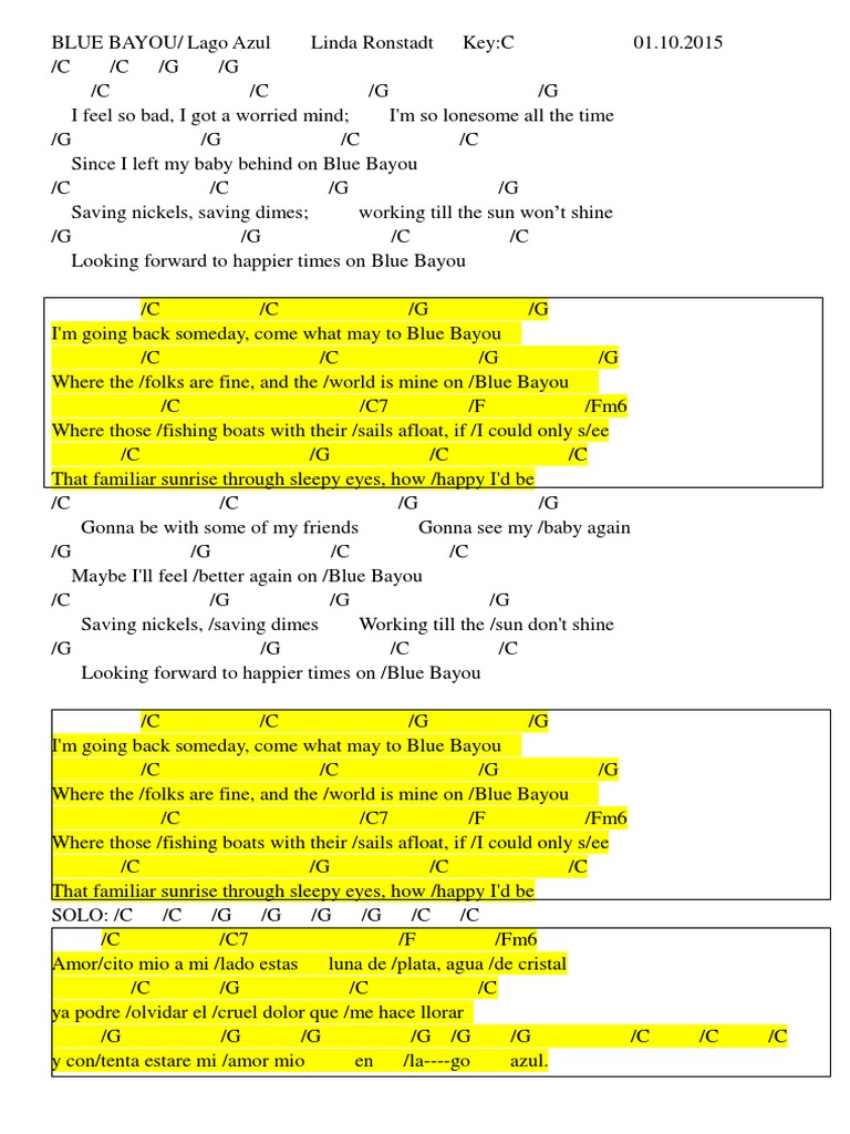 Blue Bayou Chords and Lyrics | PDF | Cooking, Food & Wine