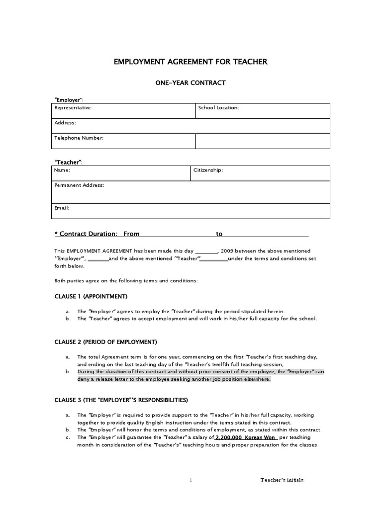 Employment Agreement For Teacher: One-Year Contract | PDF | Teachers ...