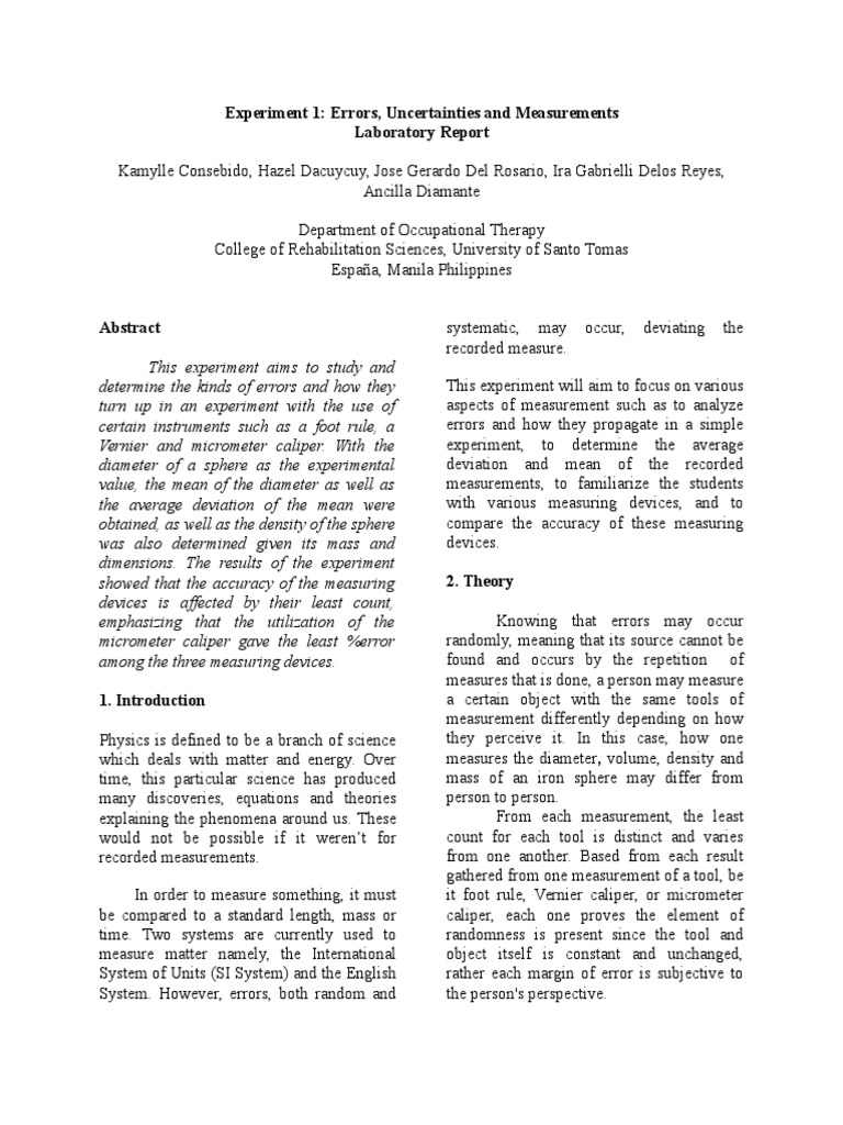 Experiment 1: Errors, Uncertainties and Measurements | PDF | Accuracy And Precision ...