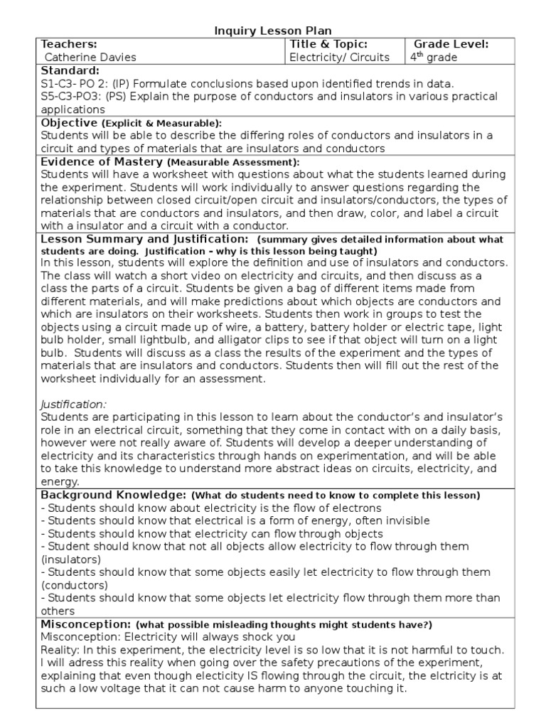 Catherine Davies Inquiry Lesson Plan Final | PDF | Insulator ...