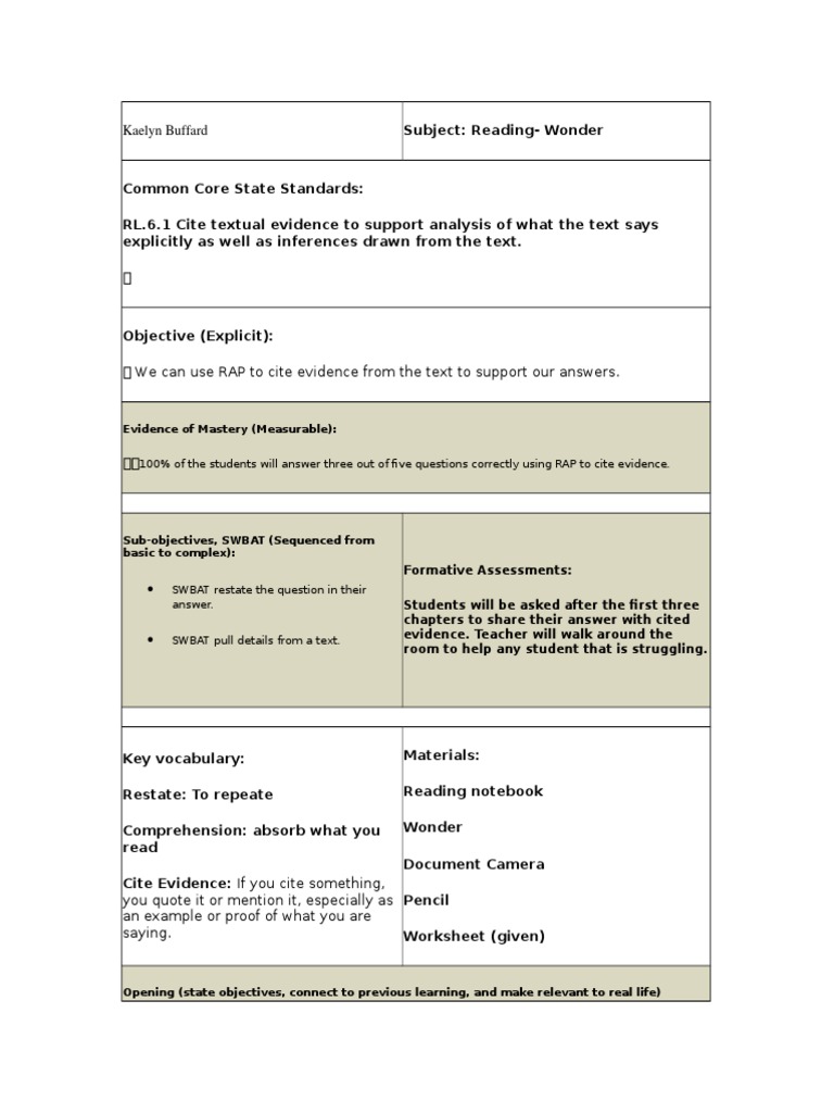 Pa 2 Wonder Lesson Plan | PDF | Reading Comprehension | Teachers