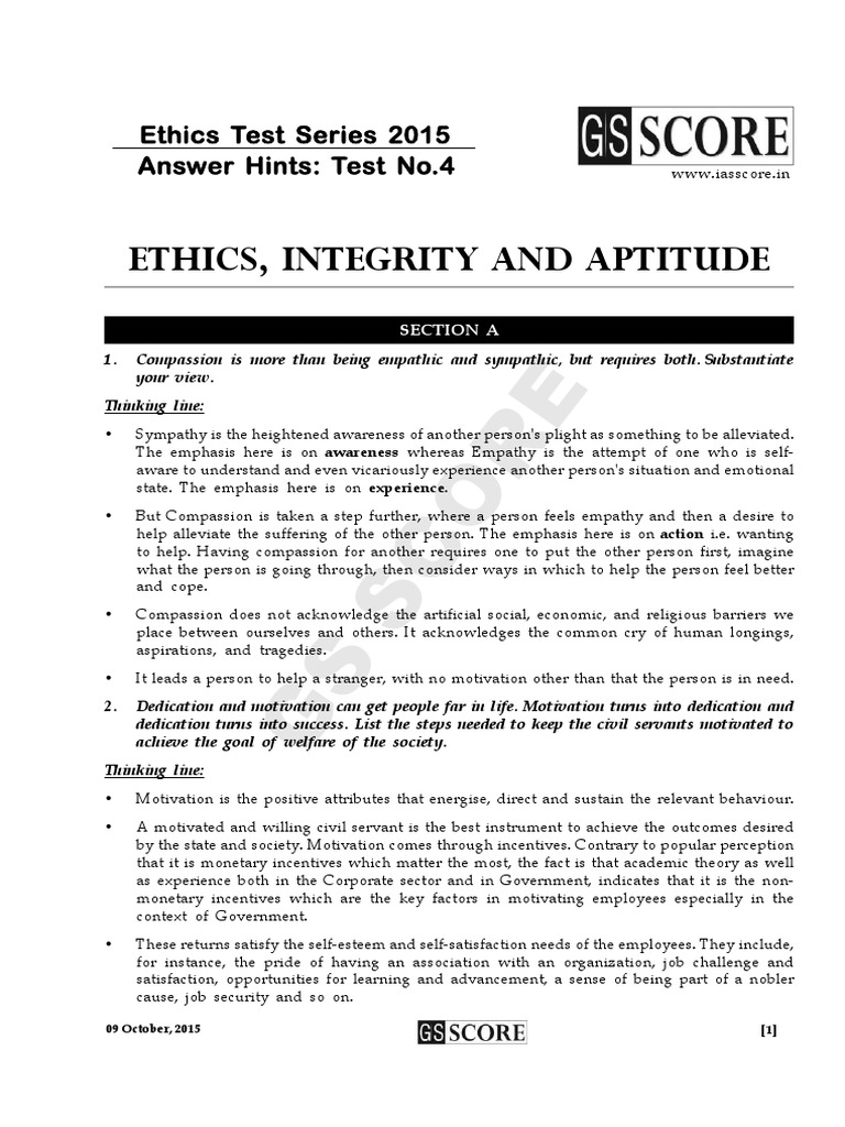 Ethics, Integrity and Aptitude: Answer Hints: Test No.4 Ethics Test ...