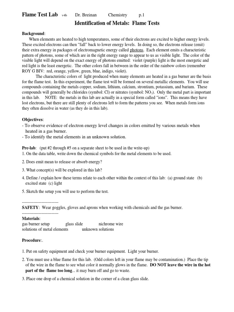 Flame Test For Chemistry PDF Metals Energy Level