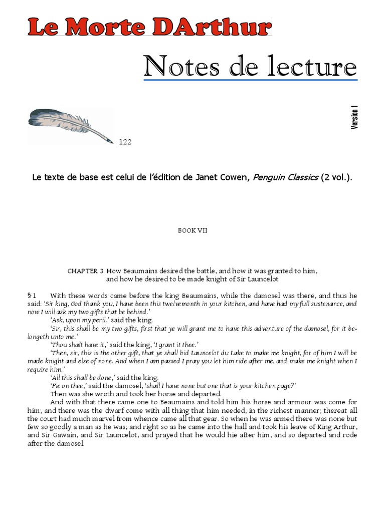 "Le Morte DArthur": Notes de Lecture Volet 122 | PDF | Traditions ...
