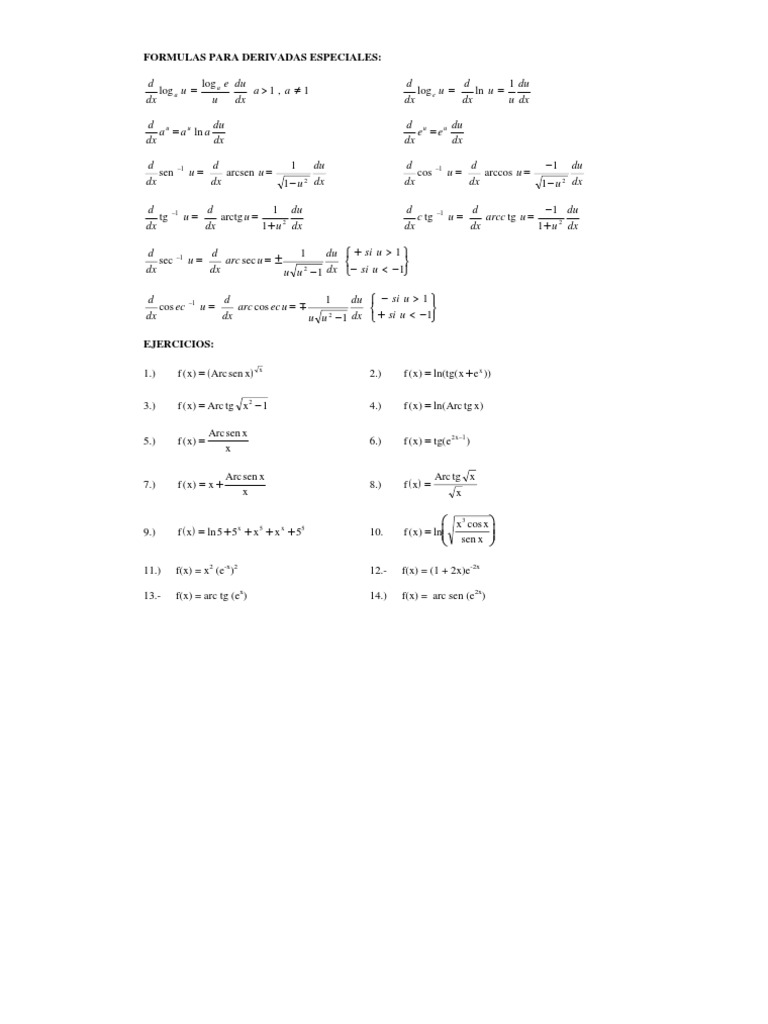Formmulas para Derivadas Especiales | PDF | Teaching Mathematics